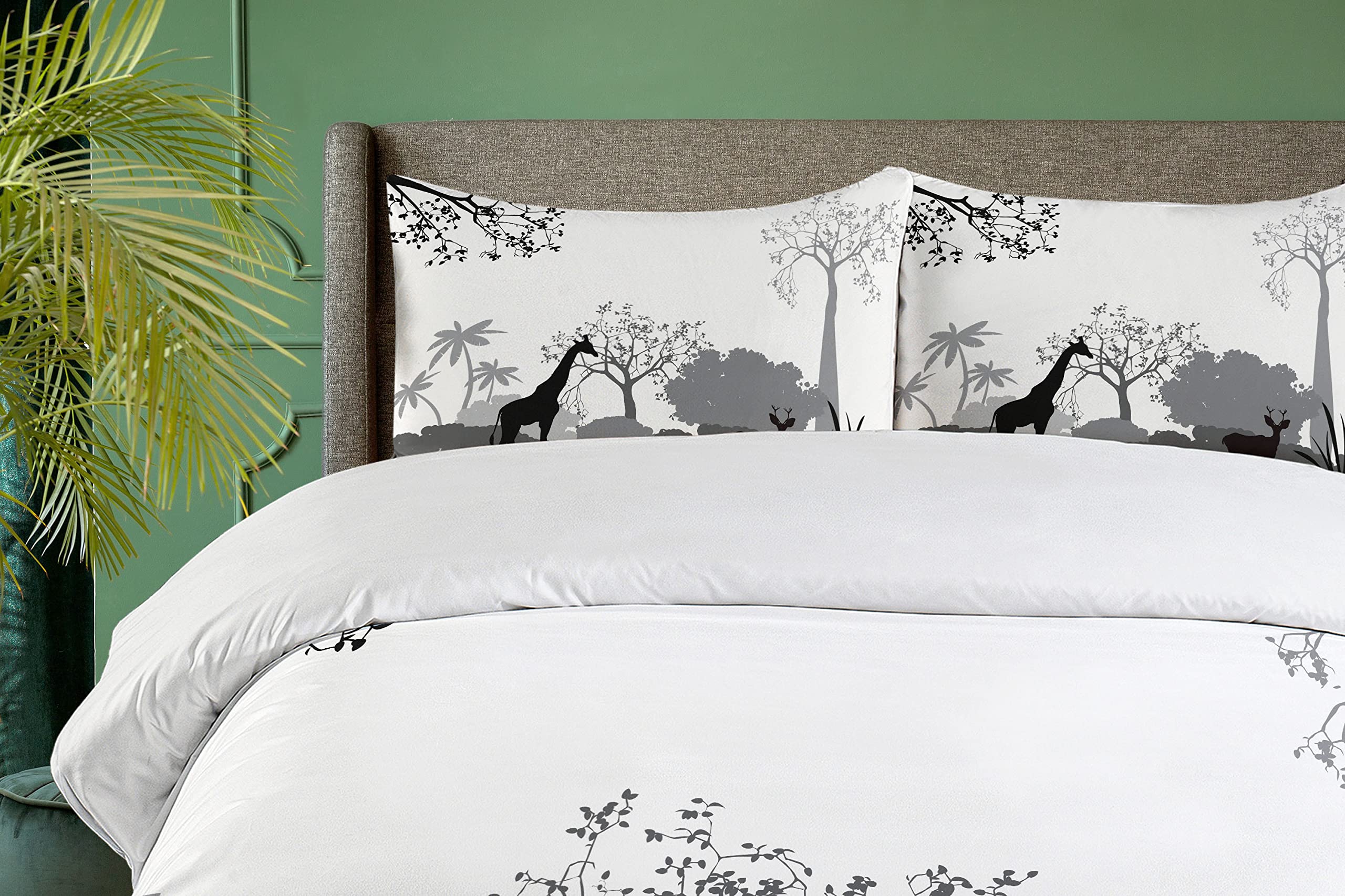 Ambesonne Savannah Duvet Cover Set, Grayscale Silhouette of Savannah Giraffe Deer and Trees Wild Region Theme Africa, Decorative 3 Piece Bedding Set with 2 Pillow Shams, Queen Size, White Grey