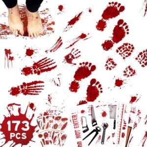 173pcs halloween bloody footprints floor clings plus tattoos - hallowmas handprint zombie restroom sign decals party decorations