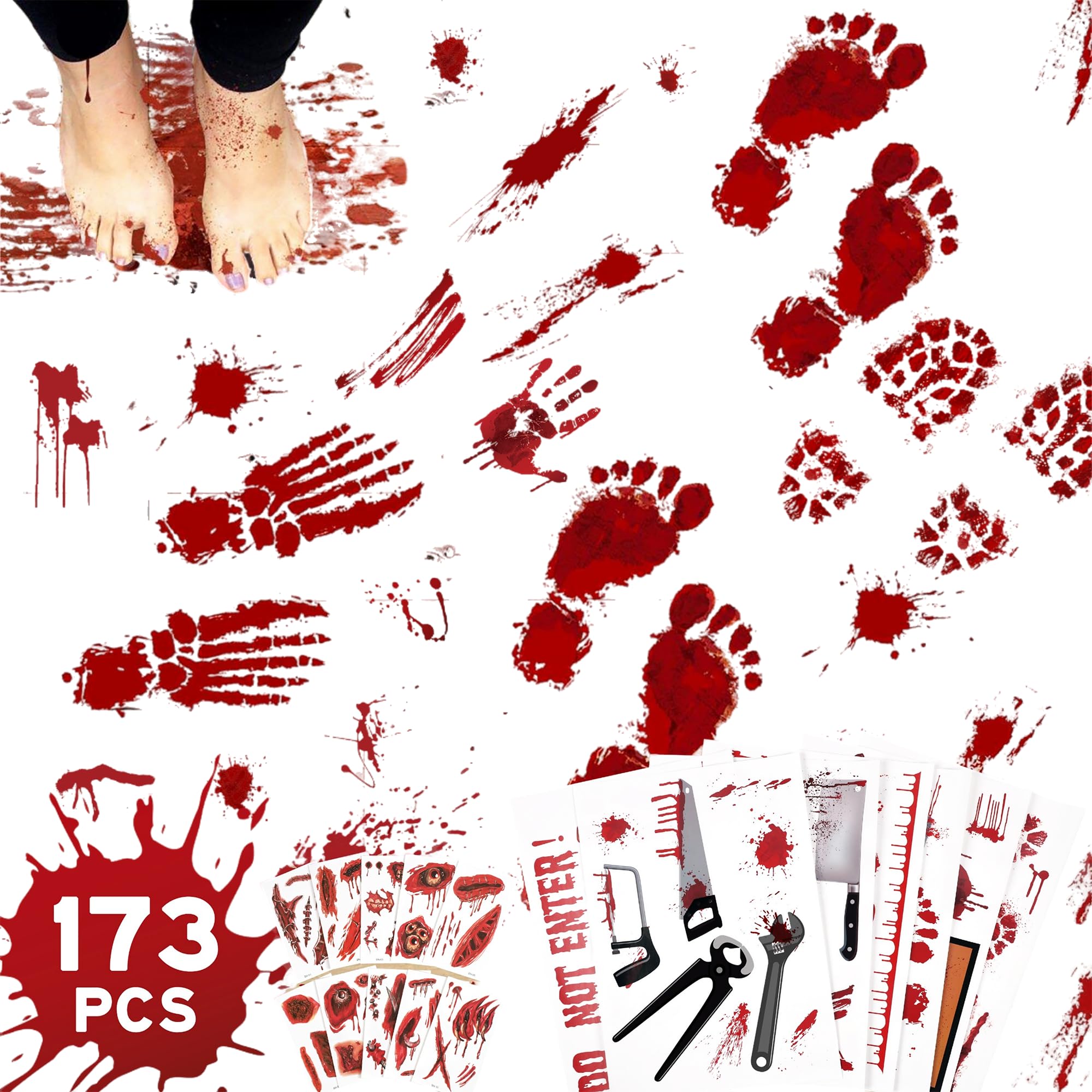 173PCS Halloween Bloody Footprints Floor Clings Plus Tattoos - Hallowmas Handprint Zombie Restroom Sign Decals Party Decorations