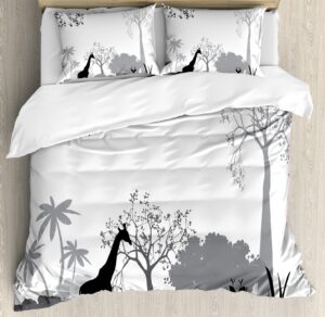 ambesonne savannah duvet cover set, grayscale silhouette of savannah giraffe deer and trees wild region theme africa, decorative 3 piece bedding set with 2 pillow shams, queen size, white grey