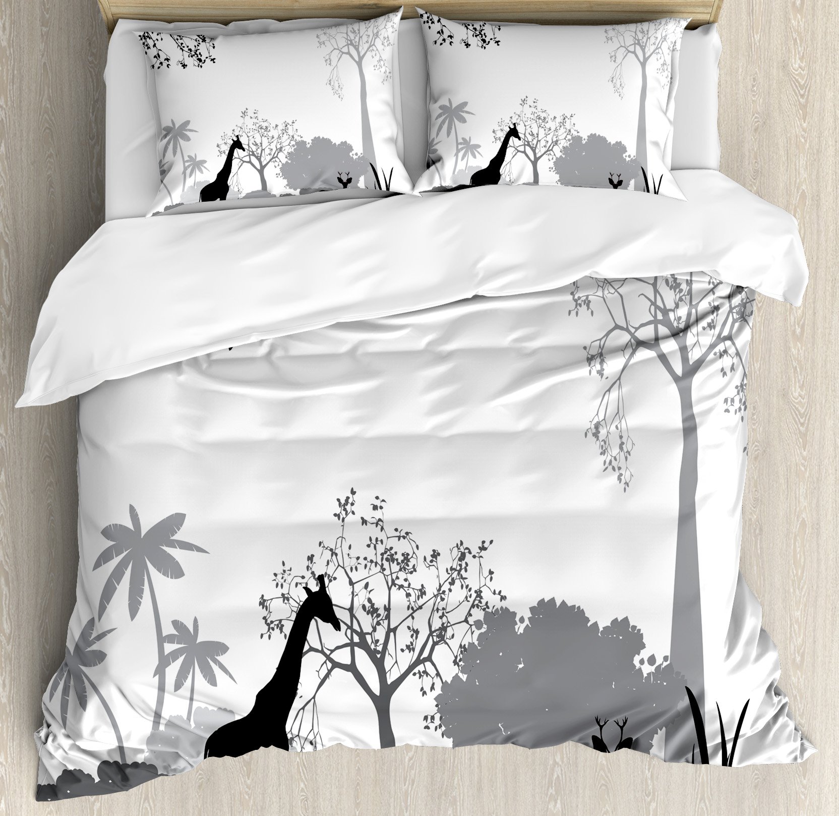 Ambesonne Savannah Duvet Cover Set, Grayscale Silhouette of Savannah Giraffe Deer and Trees Wild Region Theme Africa, Decorative 3 Piece Bedding Set with 2 Pillow Shams, Queen Size, White Grey