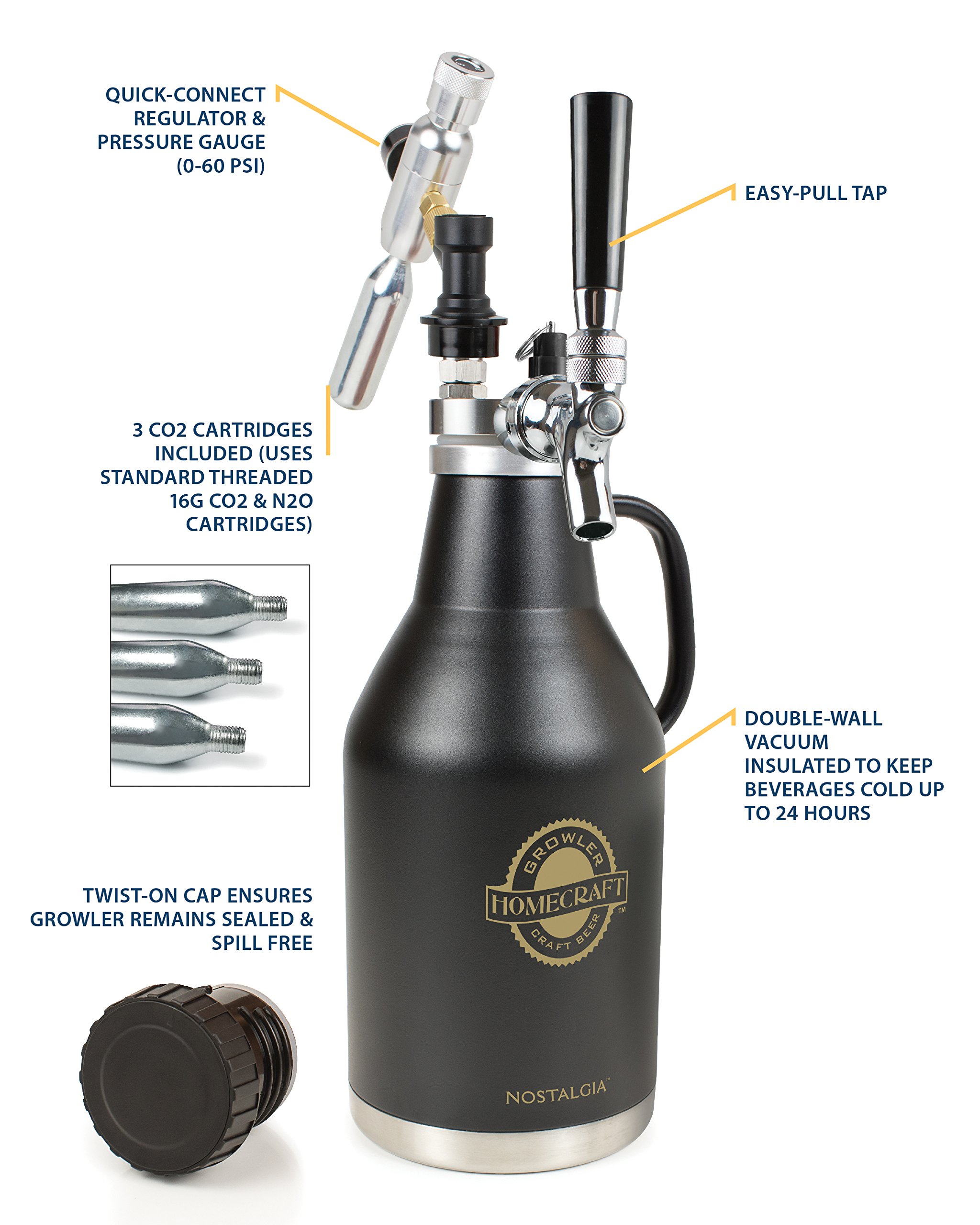 HomeCraft Beer Growler, 2-liter, Black