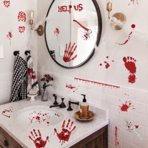 173PCS Halloween Bloody Footprints Floor Clings Plus Tattoos - Hallowmas Handprint Zombie Restroom Sign Decals Party Decorations