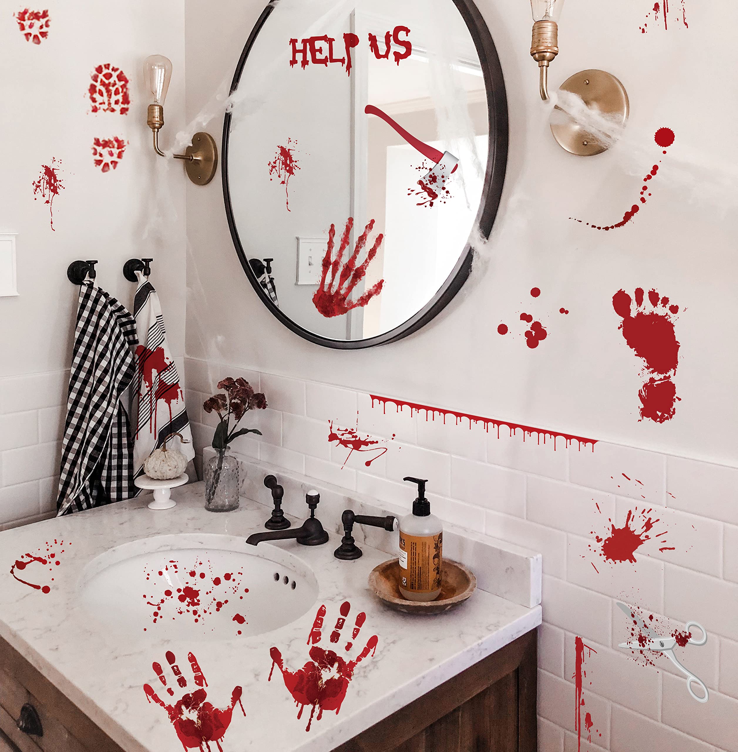 173PCS Halloween Bloody Footprints Floor Clings Plus Tattoos - Hallowmas Handprint Zombie Restroom Sign Decals Party Decorations