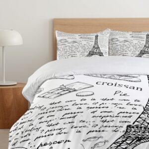 Ambesonne Paris Duvet Cover Set, Traditional Famous Parisian Elements Bonjour Croissan Coffee Eiffel Tower Print, Decorative 3 Piece Bedding Set with 2 Pillow Shams, Queen Size, White Black