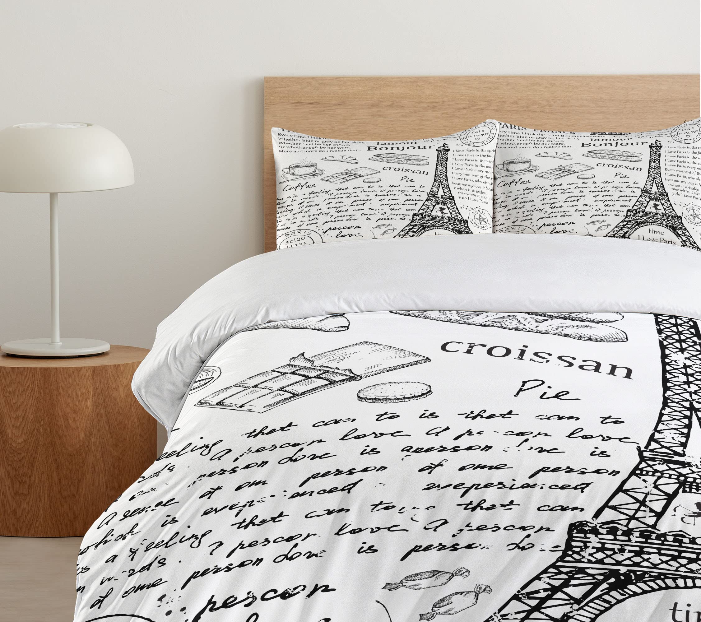 Ambesonne Paris Duvet Cover Set, Traditional Famous Parisian Elements Bonjour Croissan Coffee Eiffel Tower Print, Decorative 3 Piece Bedding Set with 2 Pillow Shams, Queen Size, White Black