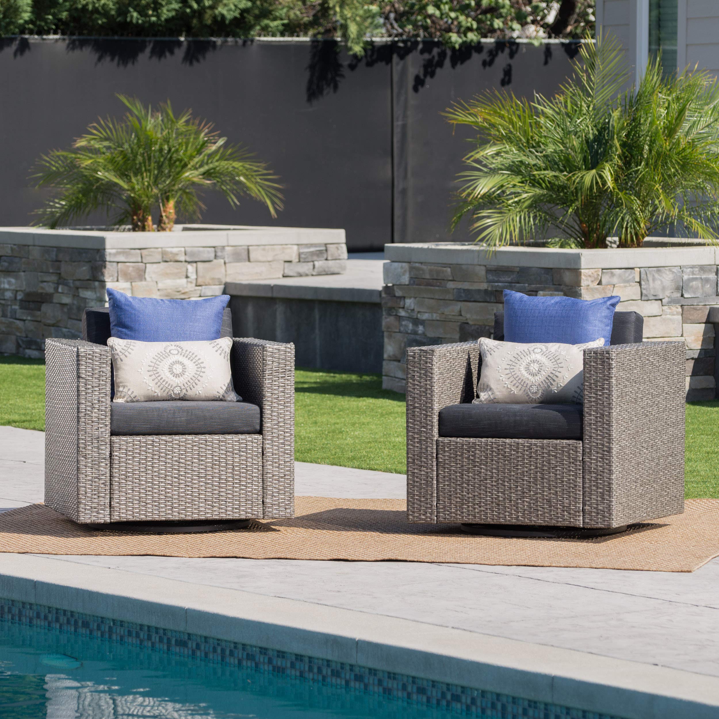 Christopher Knight Home Puerta Outdoor Wicker Swivel Club Chairs with Water Resistant Cushions, 2-Pcs Set, Mix Black / Dark Grey