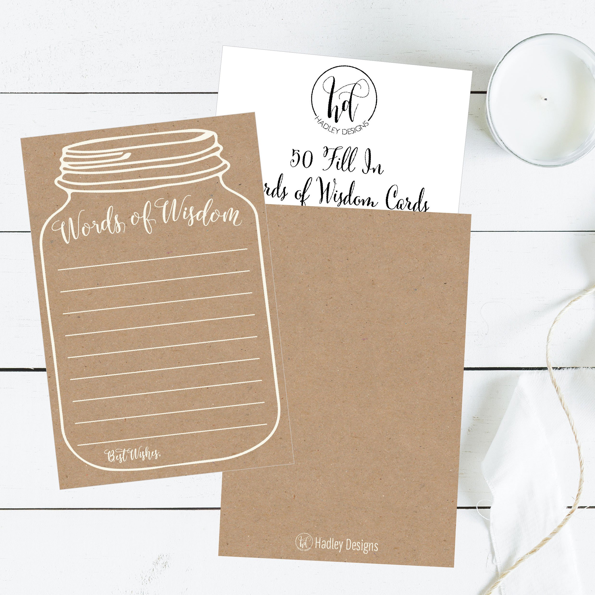 50 Rustic Mason Jar Words of Wisdom Advice Cards, Use As Graduation Advice Cards, Marriage or Wedding Advice Cards, Bridal or Baby Shower Party Games, Boy or Girl Baby Prediction or Advice Cards