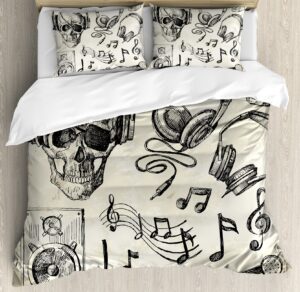 ambesonne music duvet cover set, sketchy background hipster skull headphones record player mic speakers print, decorative 3 piece bedding set with 2 pillow shams, queen size, beige black