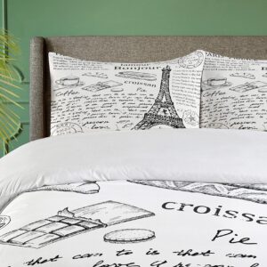 Ambesonne Paris Duvet Cover Set, Traditional Famous Parisian Elements Bonjour Croissan Coffee Eiffel Tower Print, Decorative 3 Piece Bedding Set with 2 Pillow Shams, Queen Size, White Black