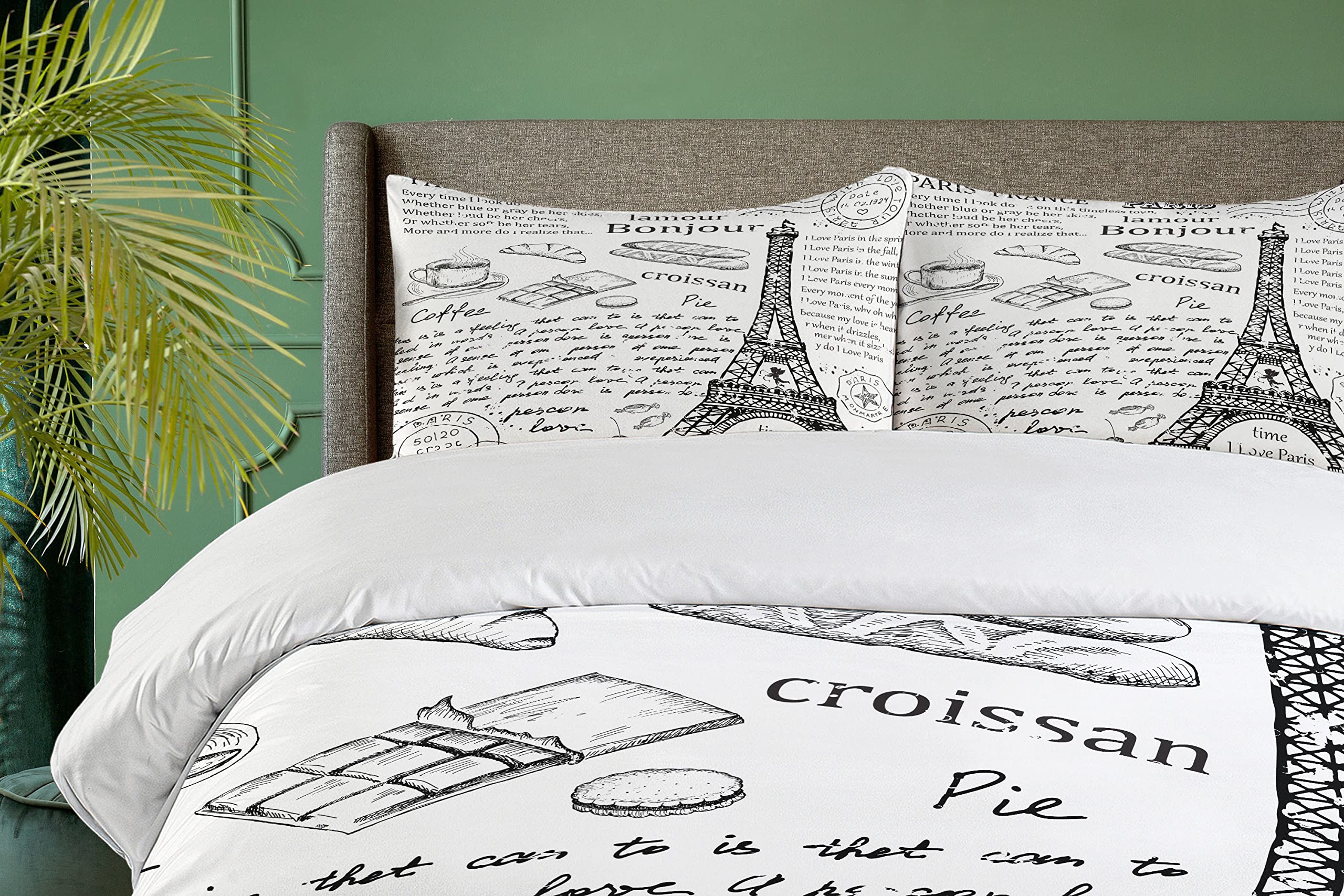 Ambesonne Paris Duvet Cover Set, Traditional Famous Parisian Elements Bonjour Croissan Coffee Eiffel Tower Print, Decorative 3 Piece Bedding Set with 2 Pillow Shams, Queen Size, White Black