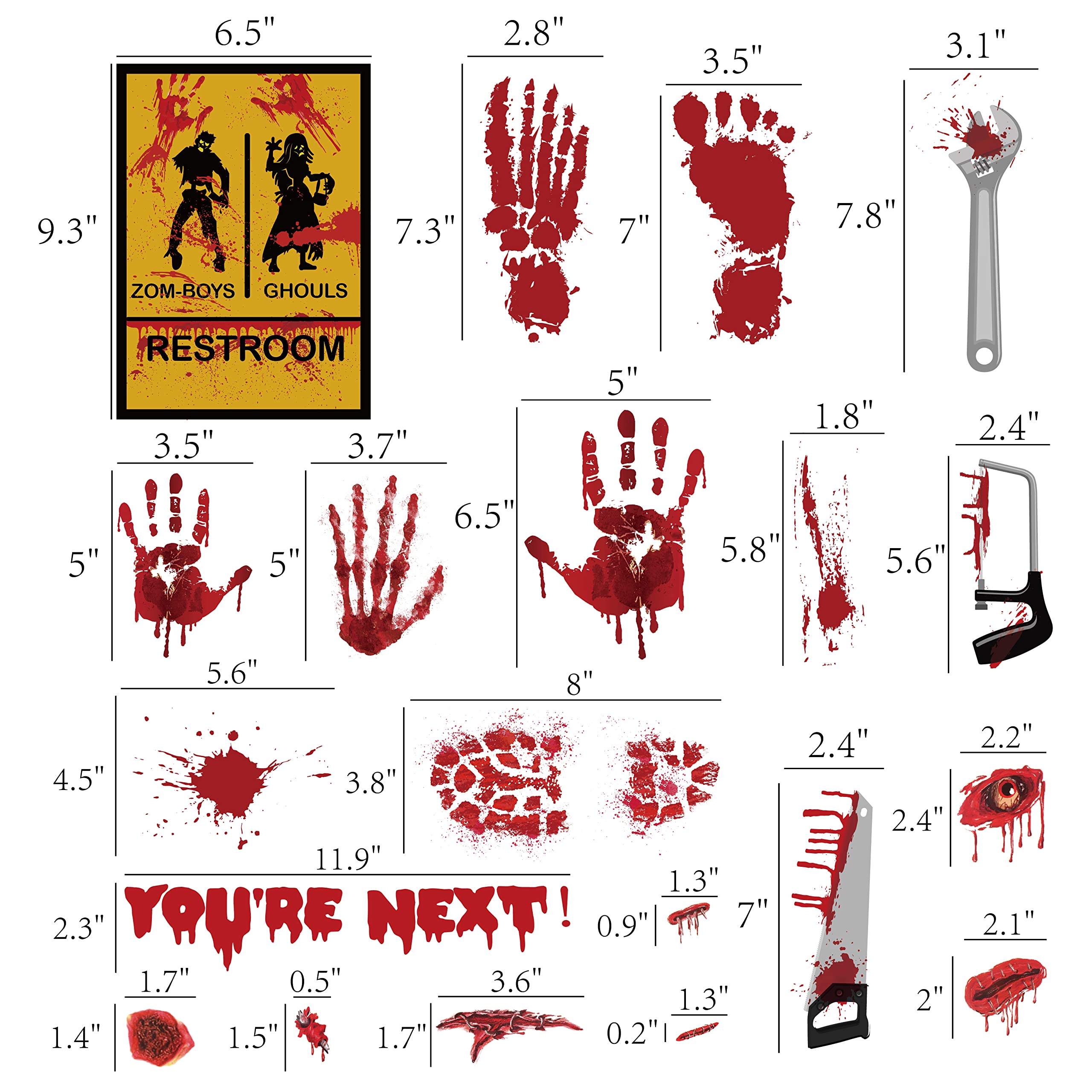 173PCS Halloween Bloody Footprints Floor Clings Plus Tattoos - Hallowmas Handprint Zombie Restroom Sign Decals Party Decorations