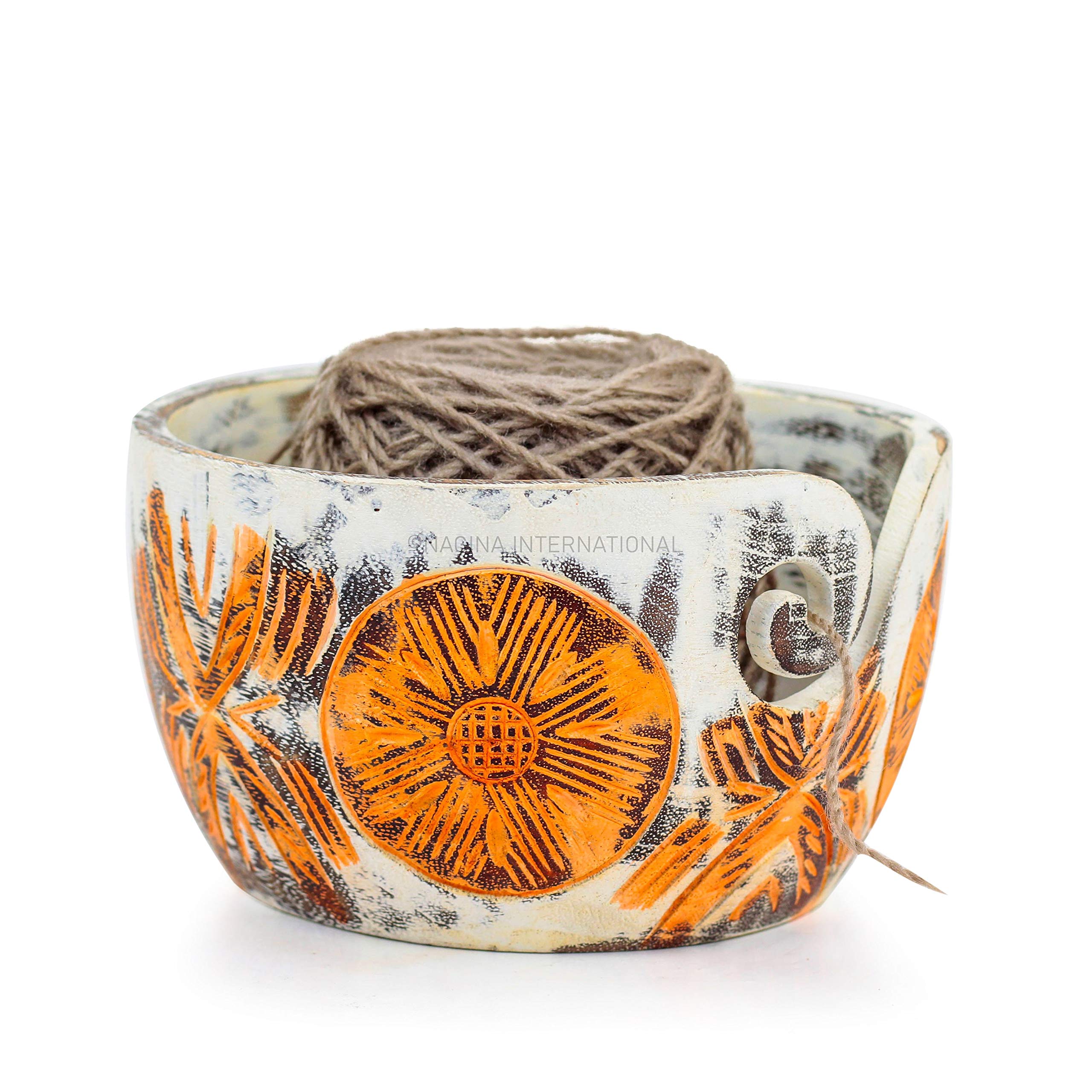 Exquisite Premium Yarn Ball Storage Bowls | Hand Painted Lovely Decor Yet Functional Yarn Dispenser (Large (7 x 4 x 7 Inches), Almond Brown)