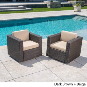 Christopher Knight Home Puerta Outdoor Wicker Swivel Club Chairs with Water Resistant Cushions, 2-Pcs Set, Dark Brown / Beige