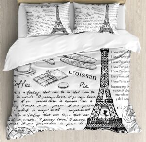 ambesonne paris duvet cover set, traditional famous parisian elements bonjour croissan coffee eiffel tower print, decorative 3 piece bedding set with 2 pillow shams, queen size, white black