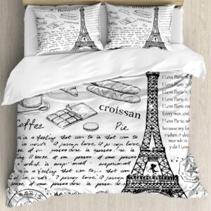 Ambesonne Paris Duvet Cover Set, Traditional Famous Parisian Elements Bonjour Croissan Coffee Eiffel Tower Print, Decorative 3 Piece Bedding Set with 2 Pillow Shams, Queen Size, White Black