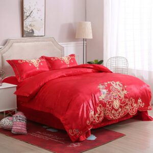 I-MART Queen Size Chinese Traditional Red Sheet Asian Bedding with Dragon and Phoenix Bird Embroidery Duvet Cover Set 4 Pcs