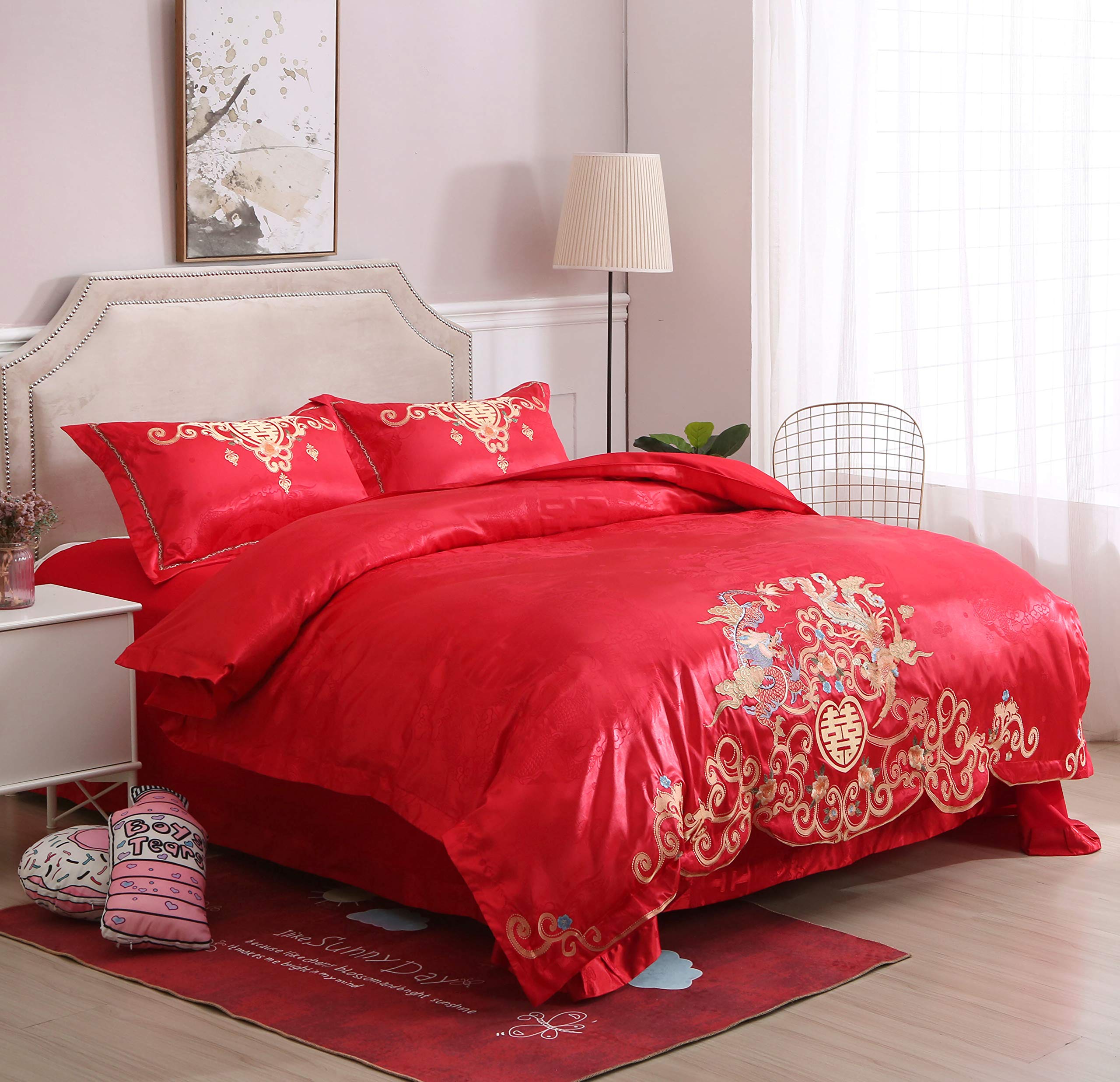 I-MART Queen Size Chinese Traditional Red Sheet Asian Bedding with Dragon and Phoenix Bird Embroidery Duvet Cover Set 4 Pcs