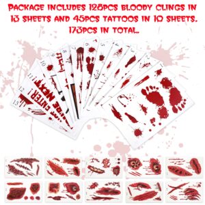 173PCS Halloween Bloody Footprints Floor Clings Plus Tattoos - Hallowmas Handprint Zombie Restroom Sign Decals Party Decorations