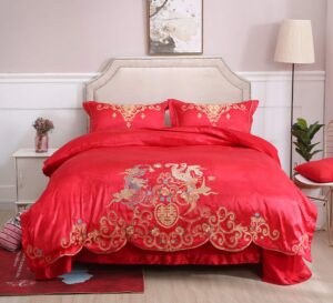 i-mart queen size chinese traditional red sheet asian bedding with dragon and phoenix bird embroidery duvet cover set 4 pcs