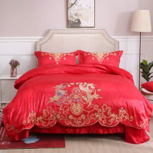 I-MART Queen Size Chinese Traditional Red Sheet Asian Bedding with Dragon and Phoenix Bird Embroidery Duvet Cover Set 4 Pcs