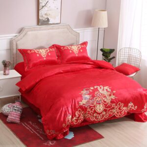 I-MART Queen Size Chinese Traditional Red Sheet Asian Bedding with Dragon and Phoenix Bird Embroidery Duvet Cover Set 4 Pcs