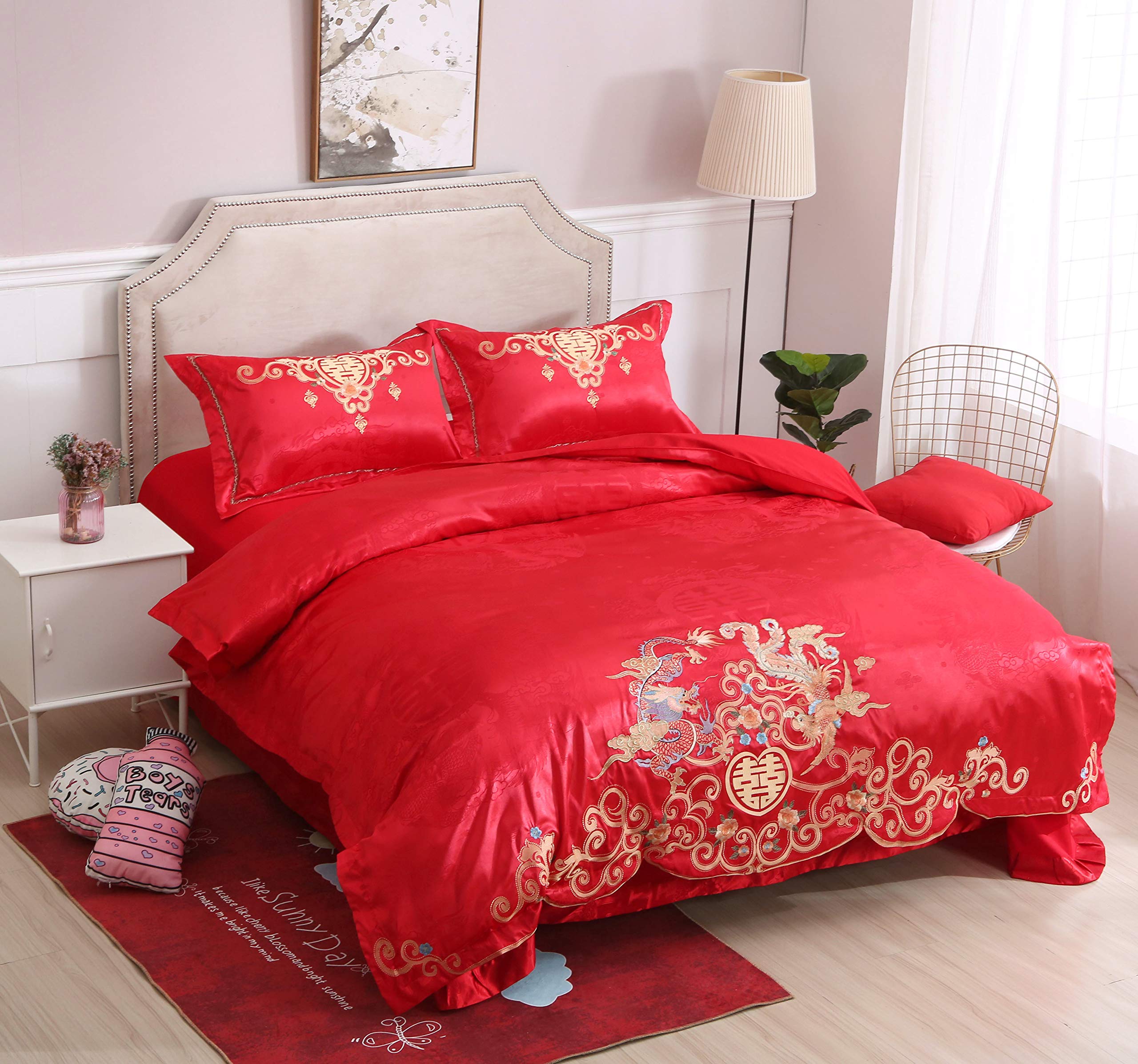 I-MART Queen Size Chinese Traditional Red Sheet Asian Bedding with Dragon and Phoenix Bird Embroidery Duvet Cover Set 4 Pcs