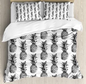 ambesonne pineapple duvet cover set, hand drawn tropical theme vintage style pineapple fruit pattern, decorative 3 piece bedding set with 2 pillow shams, king size, black gray