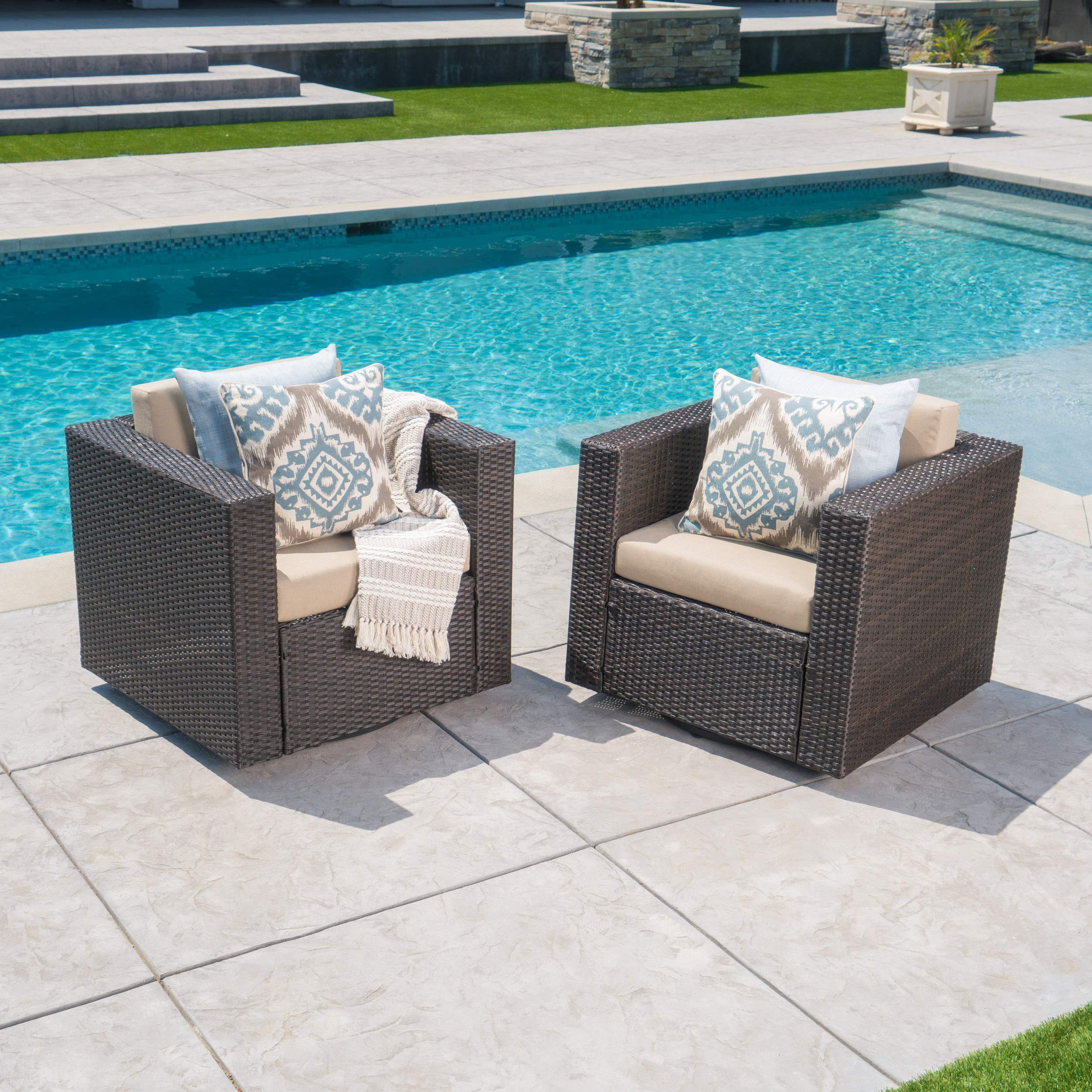 Christopher Knight Home Puerta Outdoor Wicker Swivel Club Chairs with Water Resistant Cushions, 2-Pcs Set, Dark Brown / Beige