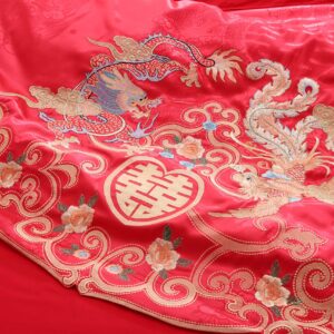 I-MART Queen Size Chinese Traditional Red Sheet Asian Bedding with Dragon and Phoenix Bird Embroidery Duvet Cover Set 4 Pcs