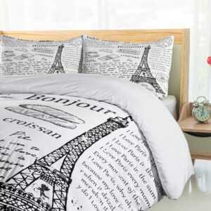 Ambesonne Paris Duvet Cover Set, Traditional Famous Parisian Elements Bonjour Croissan Coffee Eiffel Tower Print, Decorative 3 Piece Bedding Set with 2 Pillow Shams, Queen Size, White Black