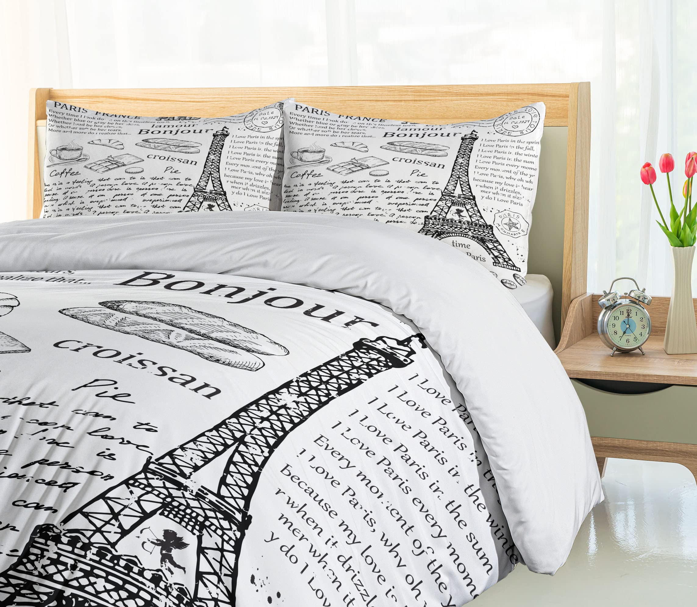 Ambesonne Paris Duvet Cover Set, Traditional Famous Parisian Elements Bonjour Croissan Coffee Eiffel Tower Print, Decorative 3 Piece Bedding Set with 2 Pillow Shams, Queen Size, White Black