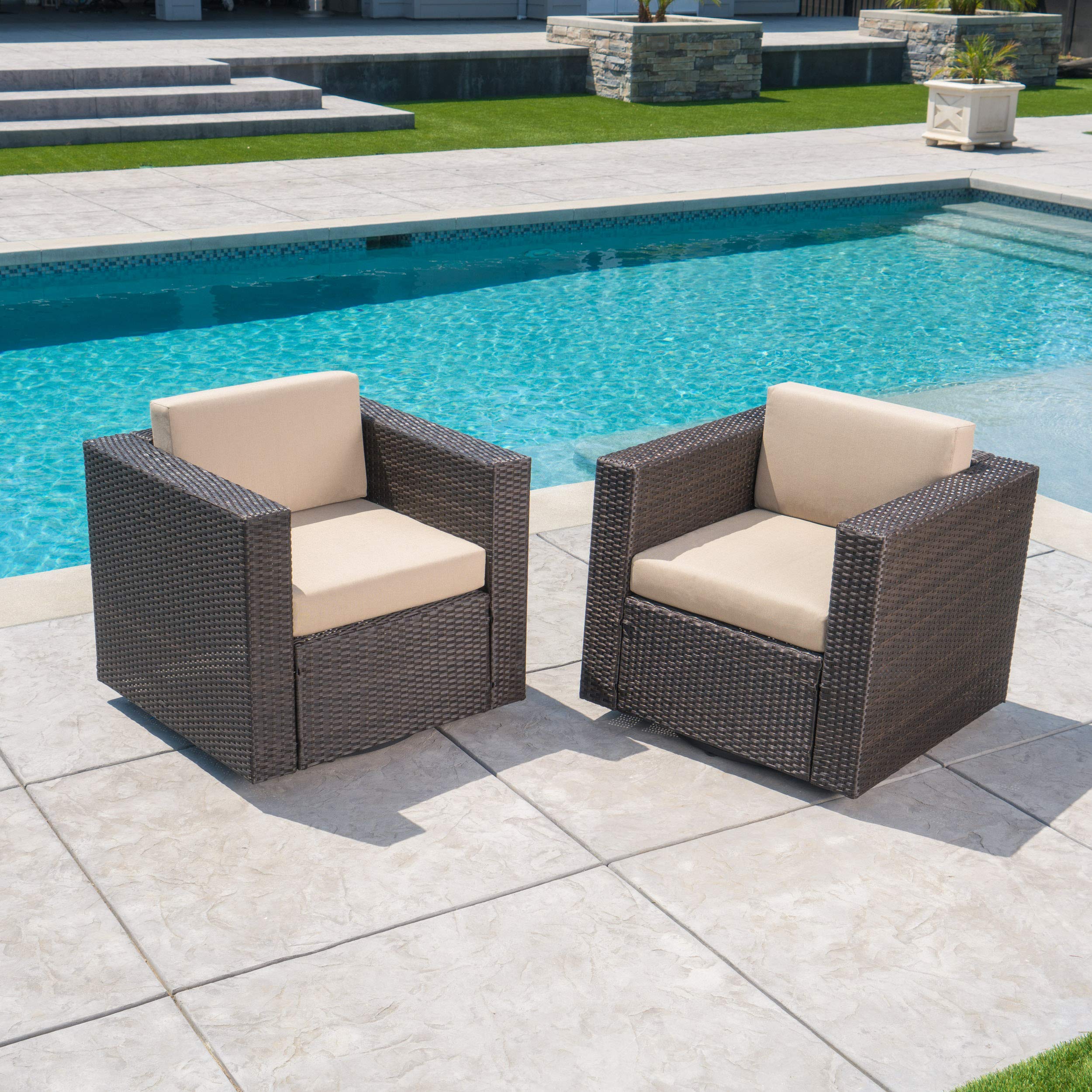 Christopher Knight Home Puerta Outdoor Wicker Swivel Club Chairs with Water Resistant Cushions, 2-Pcs Set, Dark Brown / Beige