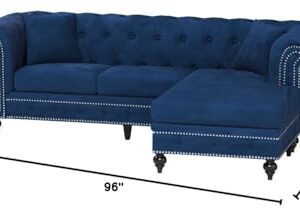 Meridian Furniture Sabrina REVERSIBLE 2 Piece Button Tufted Velvet Sectional with Scroll Arms, Nailhead Trim, and Custom Wood Legs, Navy