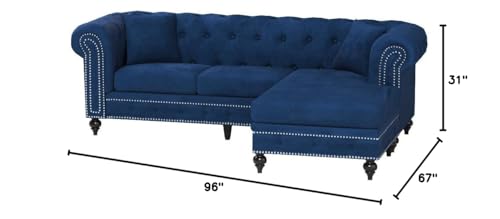 Meridian Furniture Sabrina REVERSIBLE 2 Piece Button Tufted Velvet Sectional with Scroll Arms, Nailhead Trim, and Custom Wood Legs, Navy