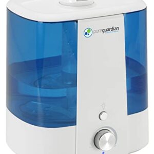 PureGuardian H1175WCA Ultrasonic Cool Mist Humidifier, 90 Hrs. Run Time, 1.5 Gal. Tank Capacity, 390 Sq. Ft. Coverage, Medium Rooms, Quiet, Filter Free, Silver Clean Treated Tank, Essential Oil Tray