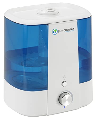 PureGuardian H1175WCA Ultrasonic Cool Mist Humidifier, 90 Hrs. Run Time, 1.5 Gal. Tank Capacity, 390 Sq. Ft. Coverage, Medium Rooms, Quiet, Filter Free, Silver Clean Treated Tank, Essential Oil Tray