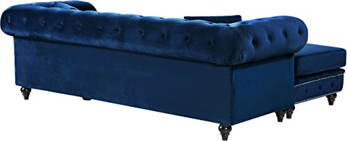 Meridian Furniture Sabrina REVERSIBLE 2 Piece Button Tufted Velvet Sectional with Scroll Arms, Nailhead Trim, and Custom Wood Legs, Navy