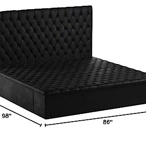 Meridian Furniture Bliss Collection Modern | Contemporary Velvet Upholstered Bed with Deep Button Tufting and Storage Compartments in Rails and Footboard, Black, Queen