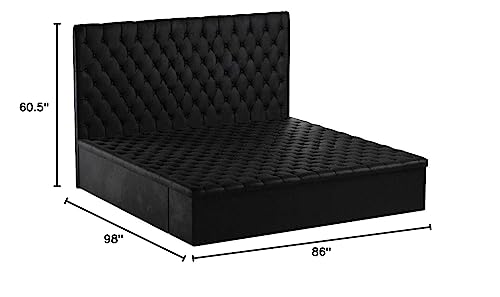 Meridian Furniture Bliss Collection Modern | Contemporary Velvet Upholstered Bed with Deep Button Tufting and Storage Compartments in Rails and Footboard, Black, Queen