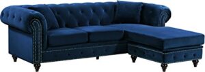 meridian furniture sabrina reversible 2 piece button tufted velvet sectional with scroll arms, nailhead trim, and custom wood legs, navy