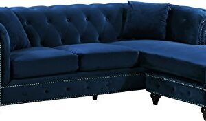 Meridian Furniture Sabrina REVERSIBLE 2 Piece Button Tufted Velvet Sectional with Scroll Arms, Nailhead Trim, and Custom Wood Legs, Navy