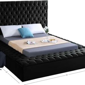 Meridian Furniture Bliss Collection Modern | Contemporary Velvet Upholstered Bed with Deep Button Tufting and Storage Compartments in Rails and Footboard, Black, Queen