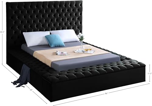 Meridian Furniture Bliss Collection Modern | Contemporary Velvet Upholstered Bed with Deep Button Tufting and Storage Compartments in Rails and Footboard, Black, Queen