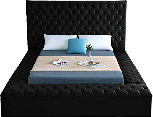 Meridian Furniture Bliss Collection Modern | Contemporary Velvet Upholstered Bed with Deep Button Tufting and Storage Compartments in Rails and Footboard, Black, Queen