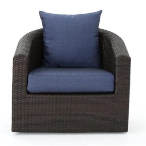 gdfstudio outdoor aluminum framed mix brown wicker swivel club chair with water resistant cushions (set o f4, navy blue)