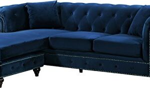 Meridian Furniture Sabrina REVERSIBLE 2 Piece Button Tufted Velvet Sectional with Scroll Arms, Nailhead Trim, and Custom Wood Legs, Navy