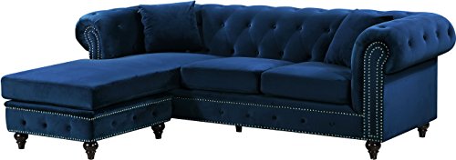 Meridian Furniture Sabrina REVERSIBLE 2 Piece Button Tufted Velvet Sectional with Scroll Arms, Nailhead Trim, and Custom Wood Legs, Navy