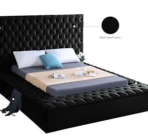 Meridian Furniture Bliss Collection Modern | Contemporary Velvet Upholstered Bed with Deep Button Tufting and Storage Compartments in Rails and Footboard, Black, Queen