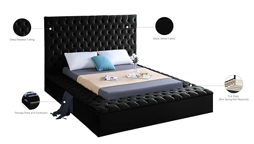 Meridian Furniture Bliss Collection Modern | Contemporary Velvet Upholstered Bed with Deep Button Tufting and Storage Compartments in Rails and Footboard, Black, Queen